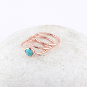 Stackable Tiny Blue Turquoise Round Ring With Two Plain Sterling Silver ...