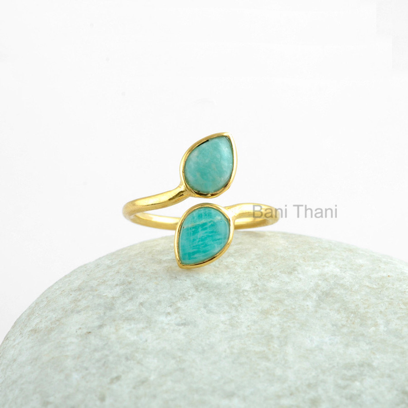 Amazonite Ring, Amazonite 5x7mm Pear Gemstone Ring, Micron Gold Plated ...