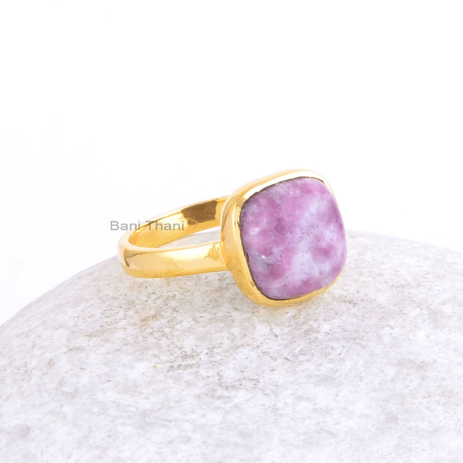 Lepidolite Ring-lepidolite Cushion 10x10mm Gold Plated Sterling Silver Ring-handmade Ring ...