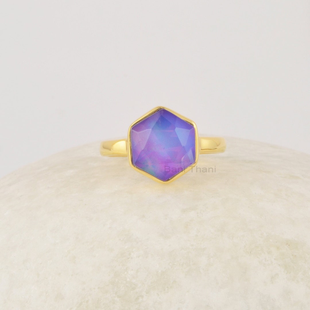 Hexagon Gemstone Ring, Sterling Silver Purple Aurora Ring, Opal ...