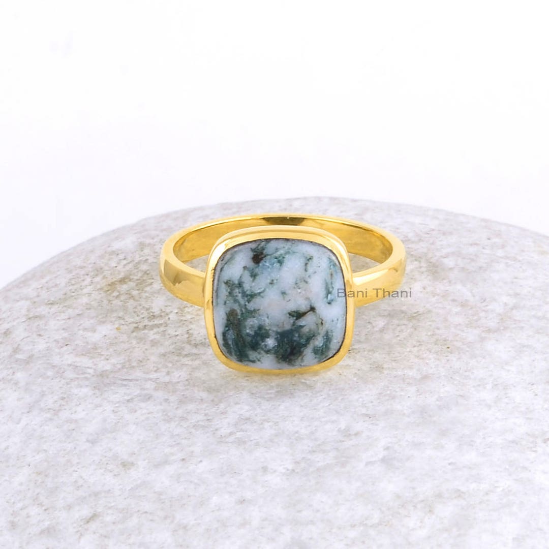 Tree Agate Silver Ring - Gold Plated Gemstone Ring - 925 Sterling ...