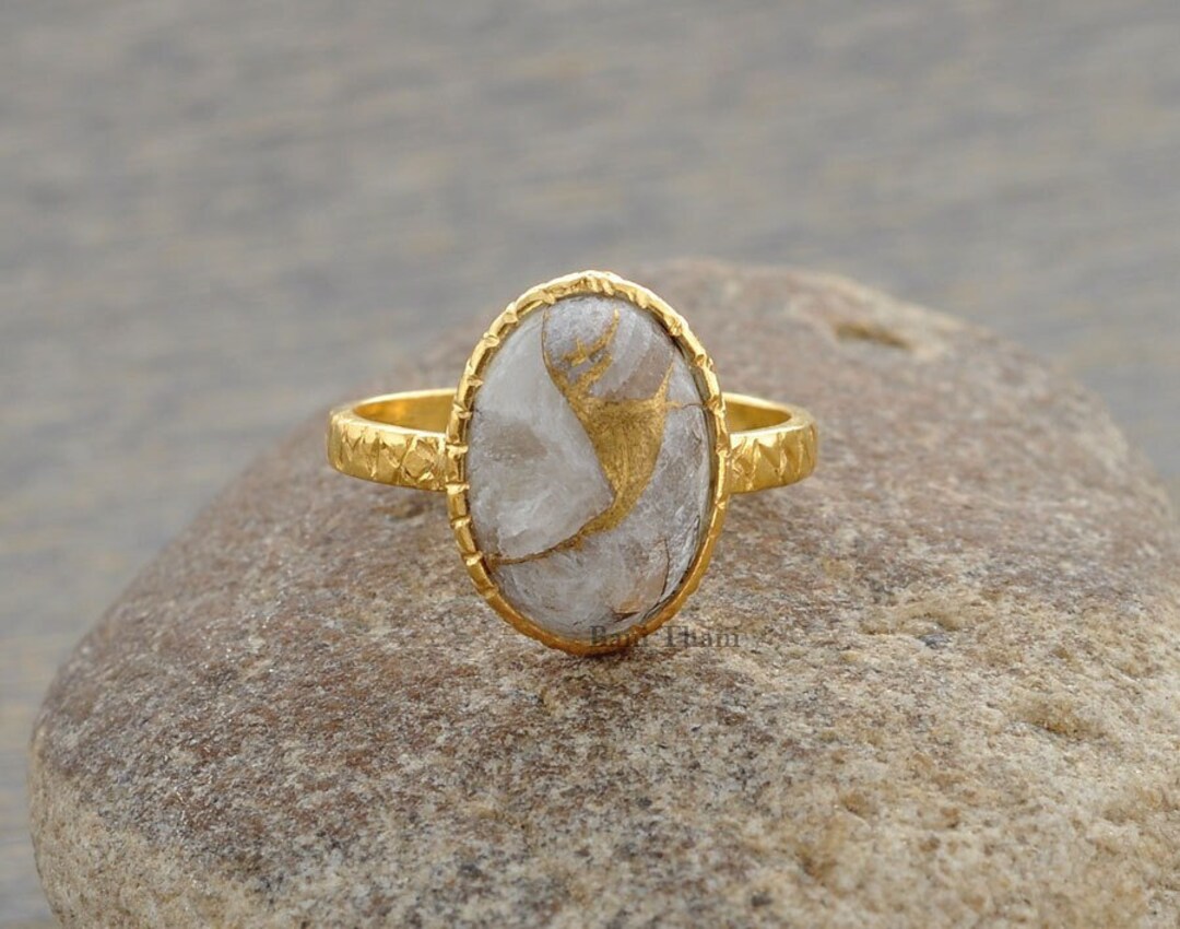 White Calcite Ring - Pure Silver - Copper Calcite Oval - Handcrafted ...