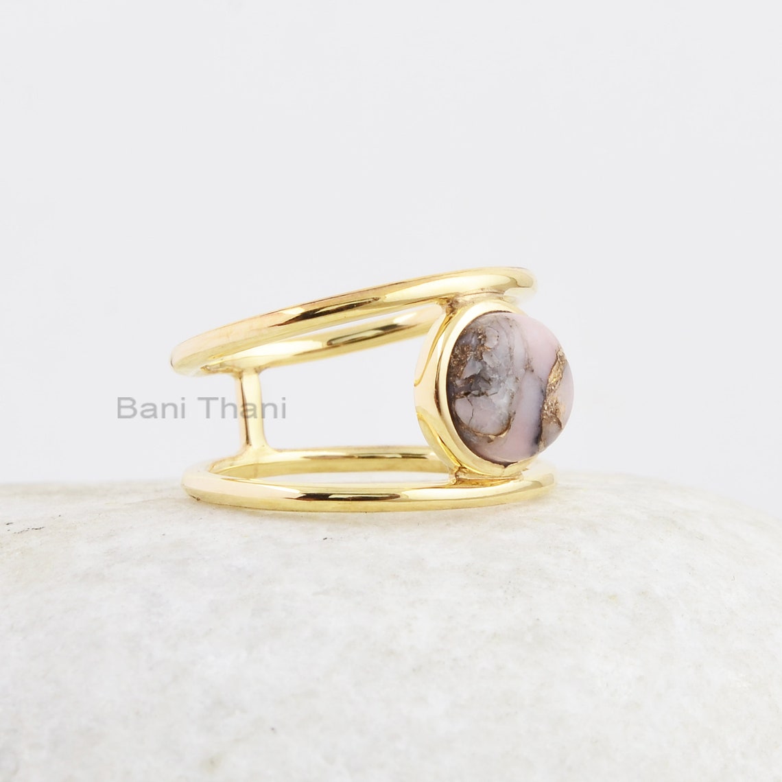Opal Ring, Pink Opal Copper Round 8mm Gemstone Ring, 18K Gold Plated ...