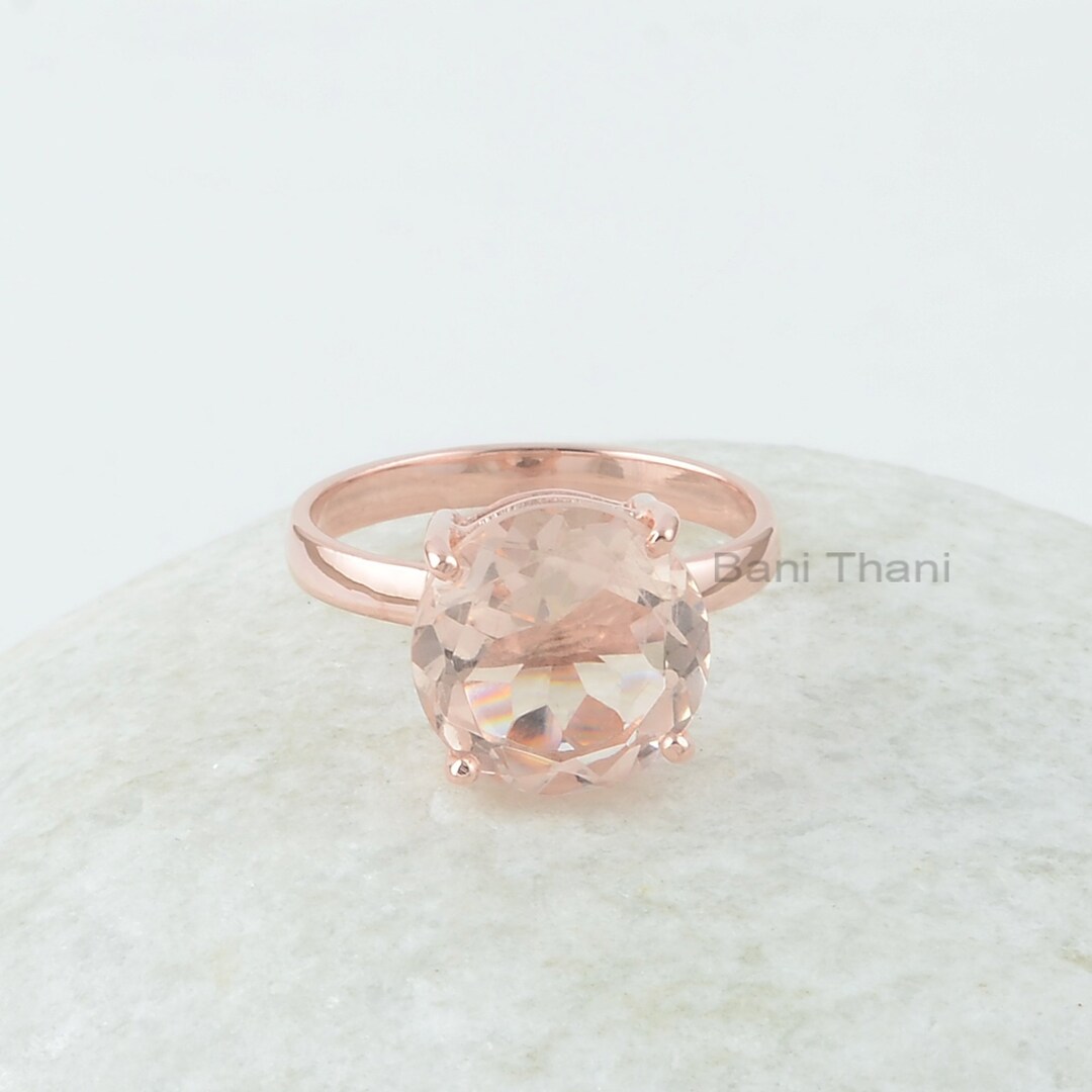 Morganite Silver Ring, Morganite Quartz Faceted Cut 12mm Round Gemstone Ring, Rose Gold Plated ...