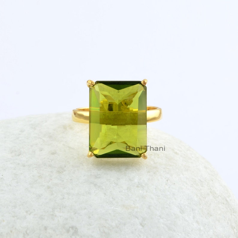 Beautiful Peridot Quartz Rectangle Gemstone Prong Set Ring - 925 ...
