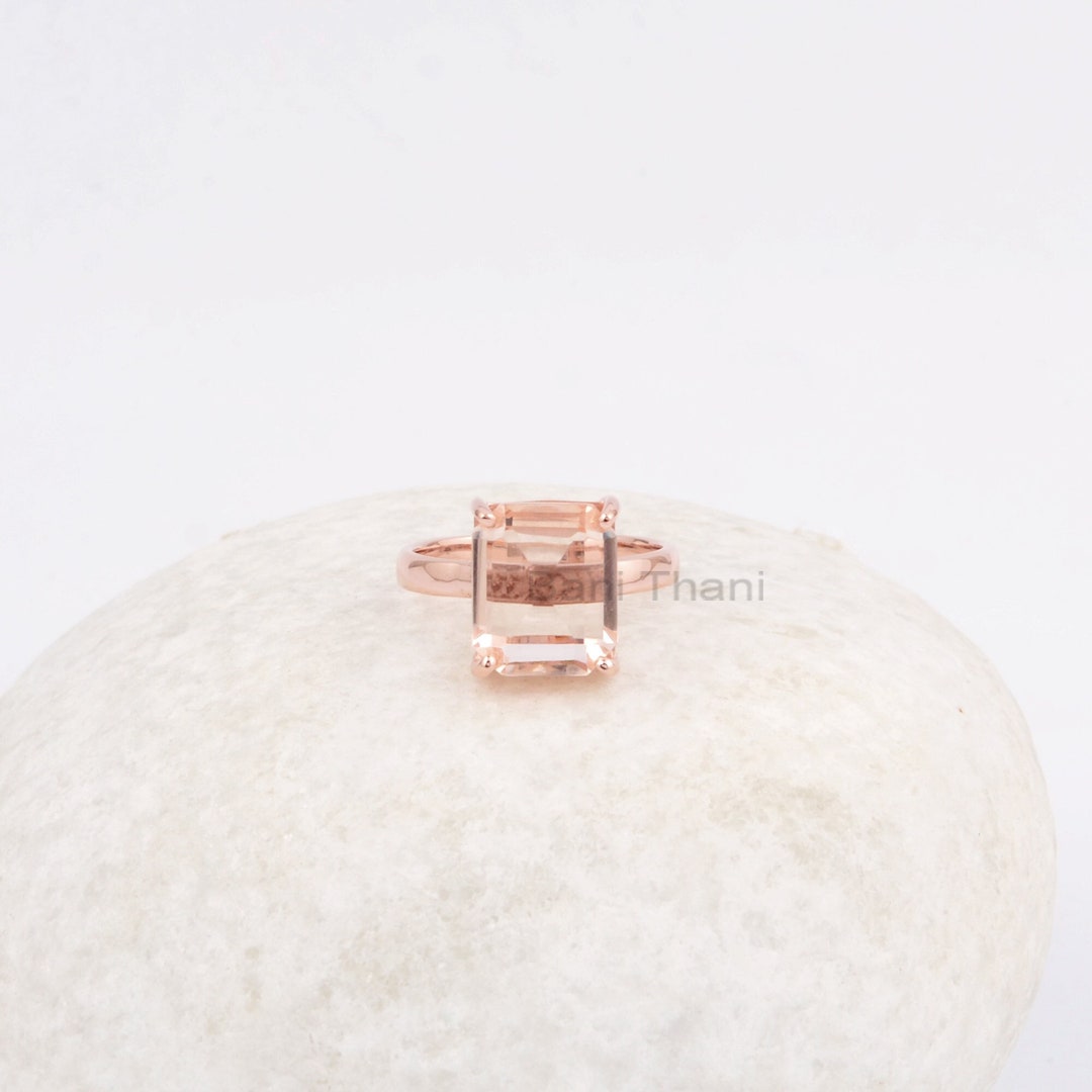 Stunning Morganite Rose Gold Plated Ring, 10x12mm Rectangle Gemstone Ring, 925 Sterling Silver ...