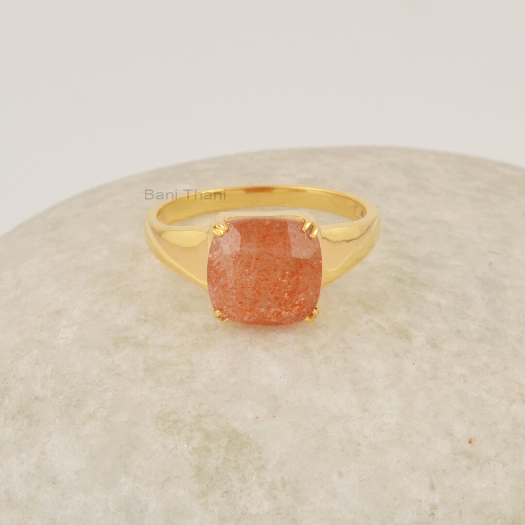 Sunstone Ring - 925 Pure Silver - 10mm Cushion Shape Gemstone - Gold ...