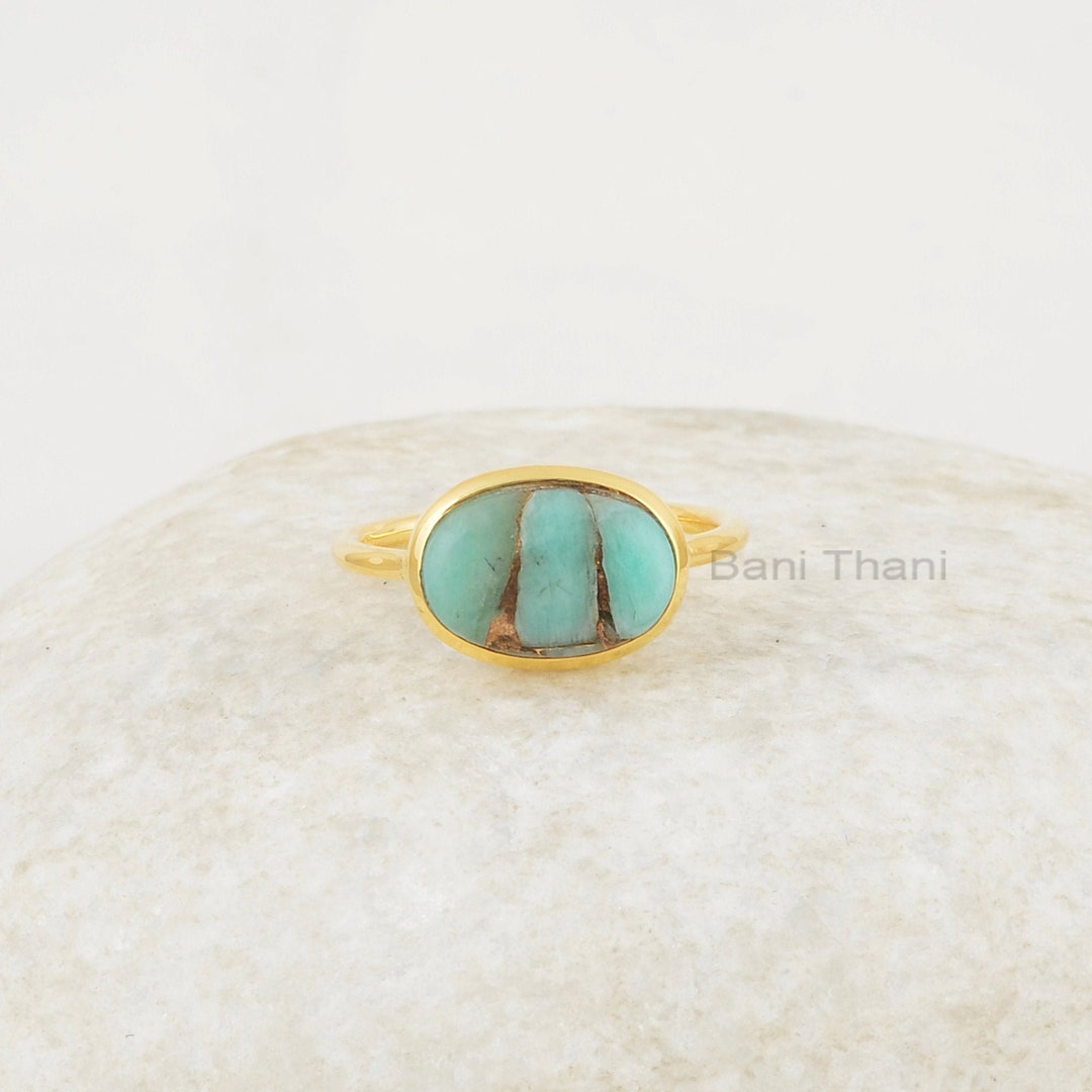 Copper Amazonite Ring - 8x12mm Oval - 925 Solid Silver - Gold Plated ...
