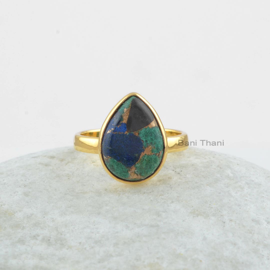 Azurite Ring, 10x14mm Pear Shape Azurite Gemstone Silver Ring-18k Gold ...