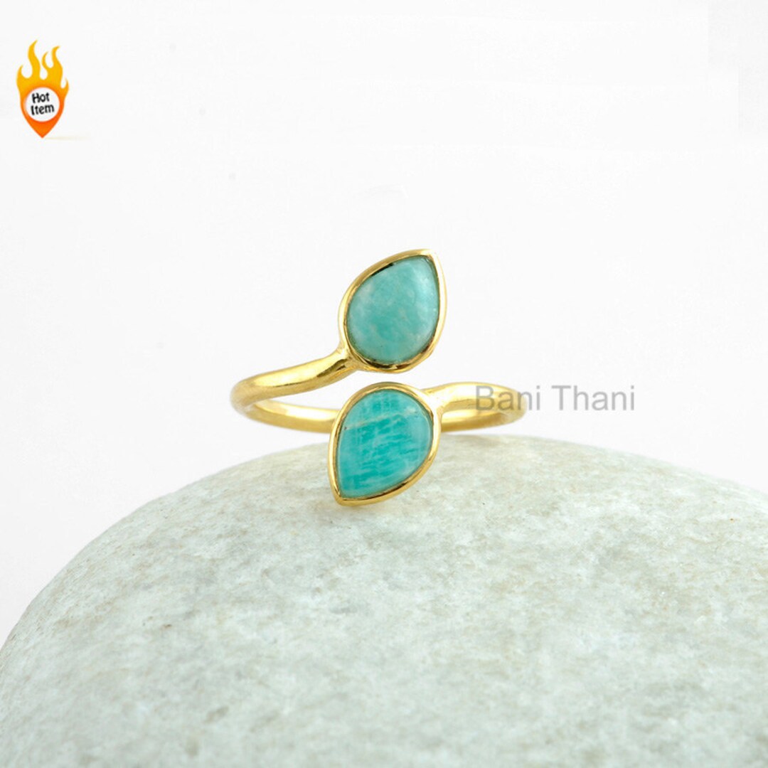 Amazonite Ring, Amazonite 5x7mm Pear Gemstone Ring, Micron Gold Plated ...
