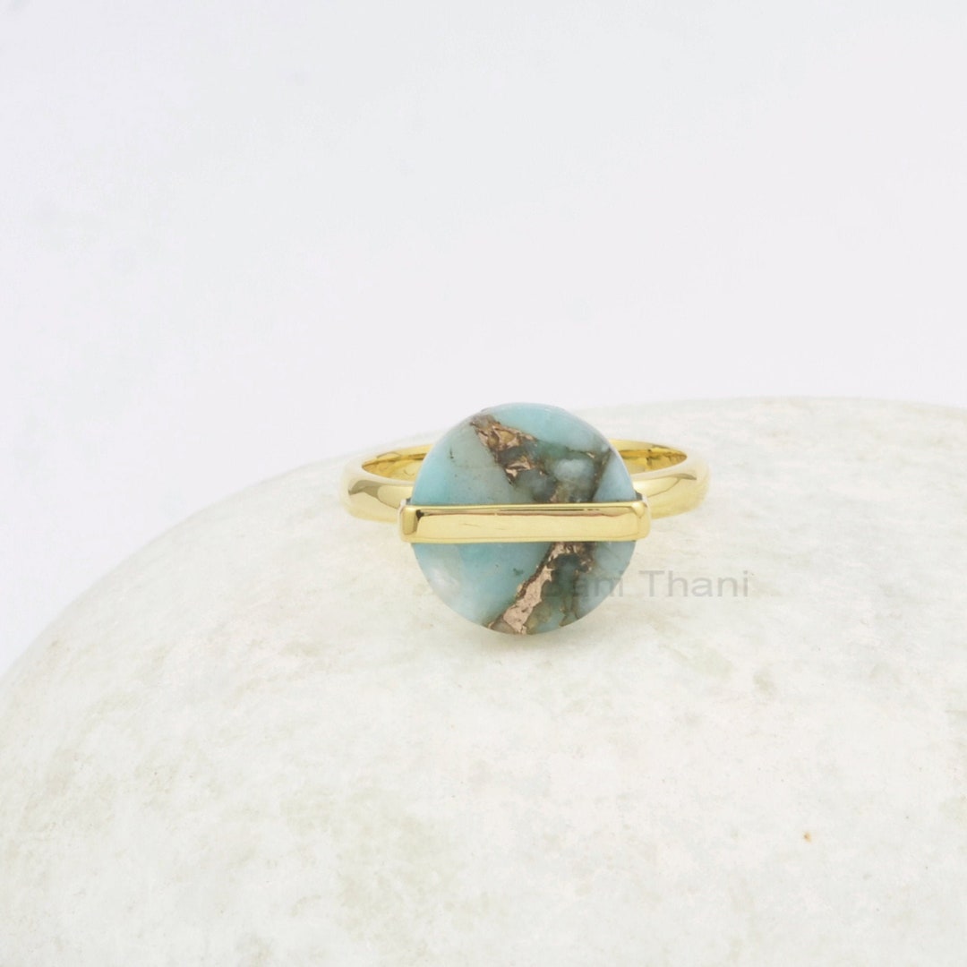 Amazonite Ring - Solid Silver - Gold Plated Ring - 12mm Flat Round ...