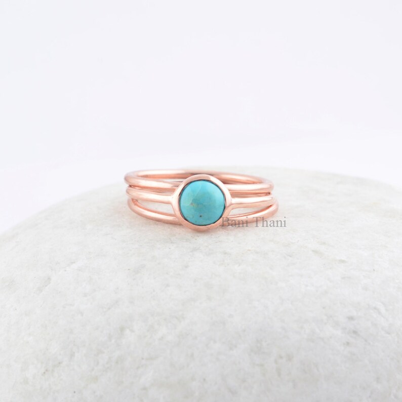 Stackable Tiny Blue Turquoise Round Ring With Two Plain Sterling Silver ...