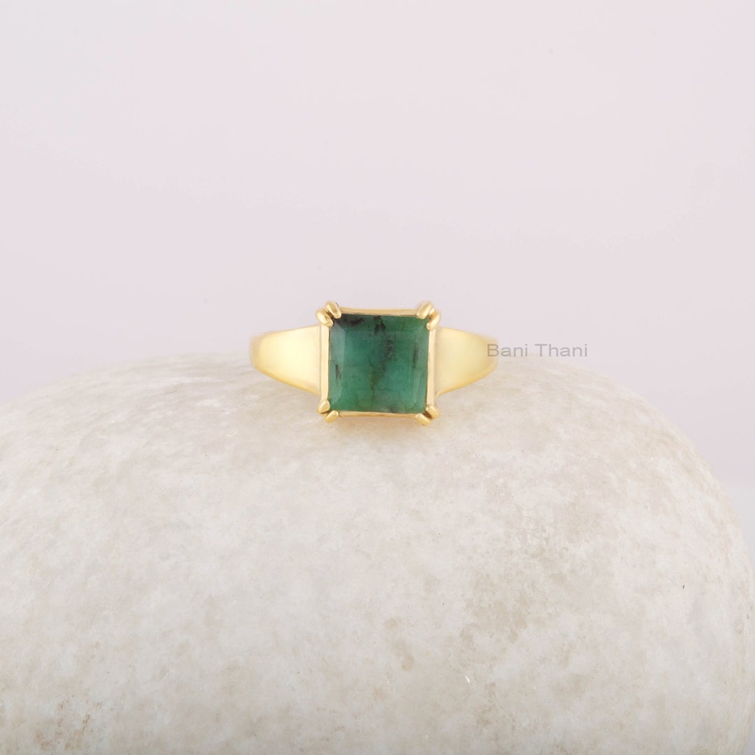 Natural Emerald Gemstone Signet Ring Gold Plated Ring Solid 925 Silver ...