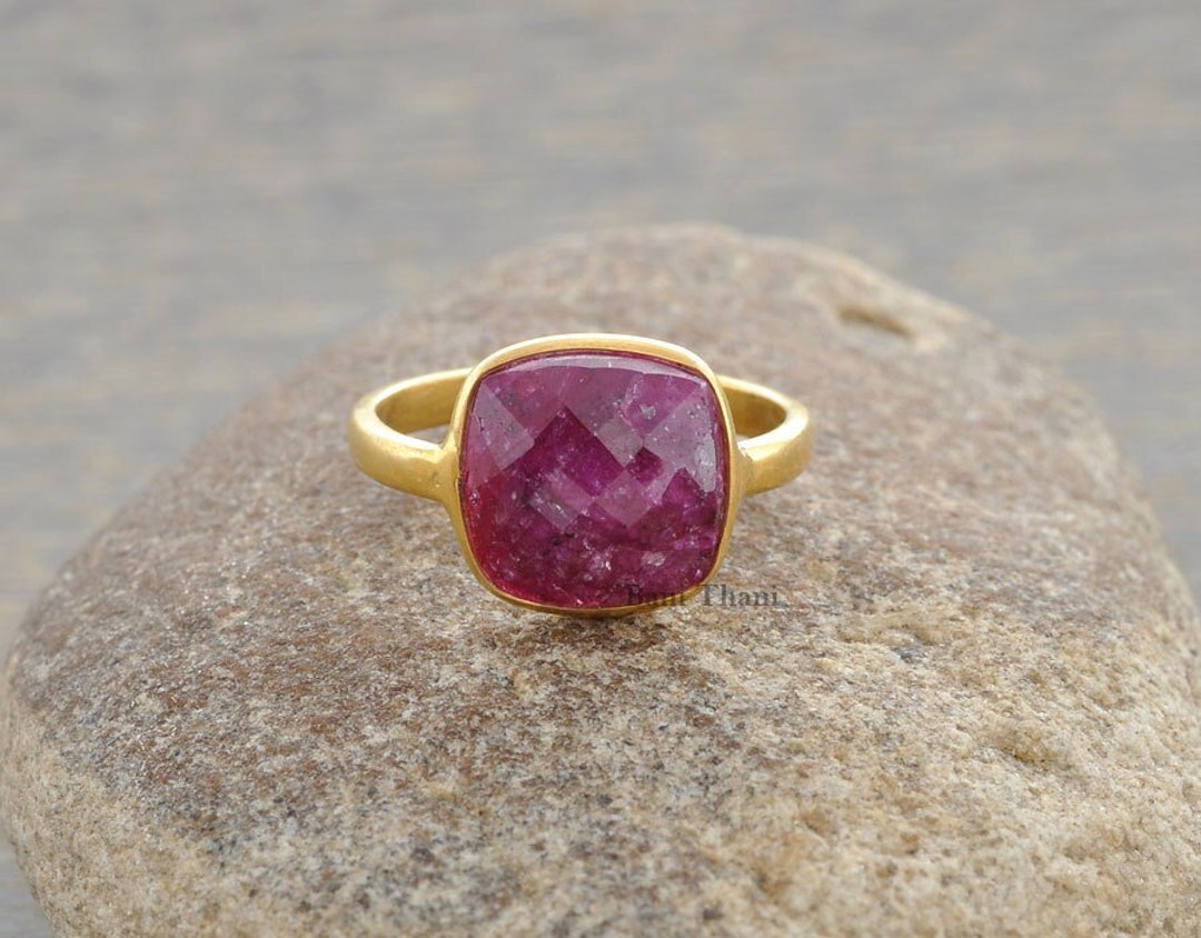 Ruby Ring, Ruby 10mm Cushion Shape Faceted Gemstone Silver Ring, 18k ...