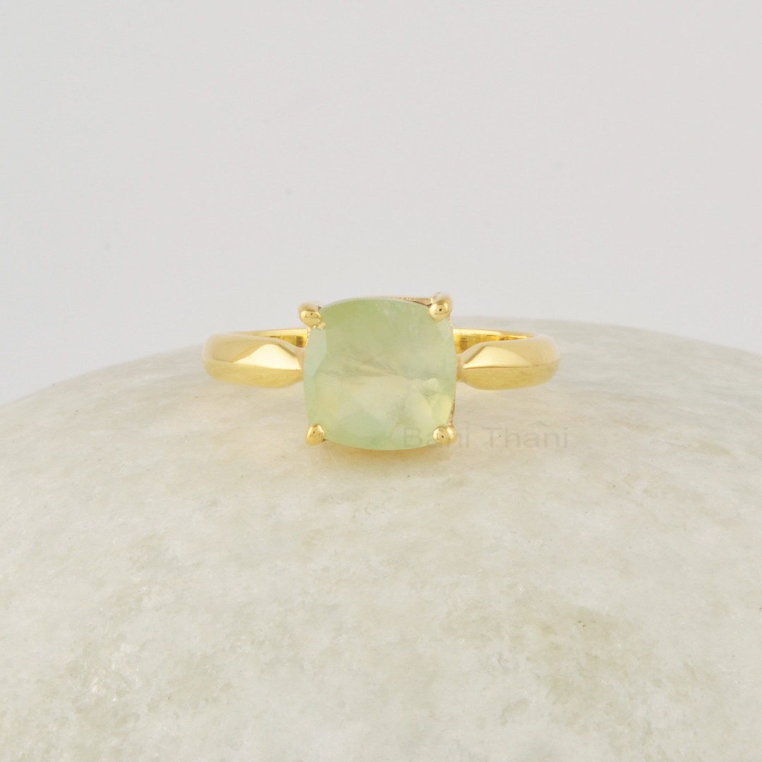 Prehnite Ring, 8mm Cushion Cut Gemstone Ring, Simple Sterling Silver ...