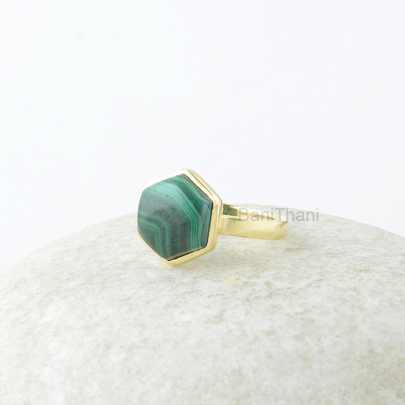 Malachite Ring - 10mm Hexagon Gemstone Ring - 18k Gold Plated Ring ...