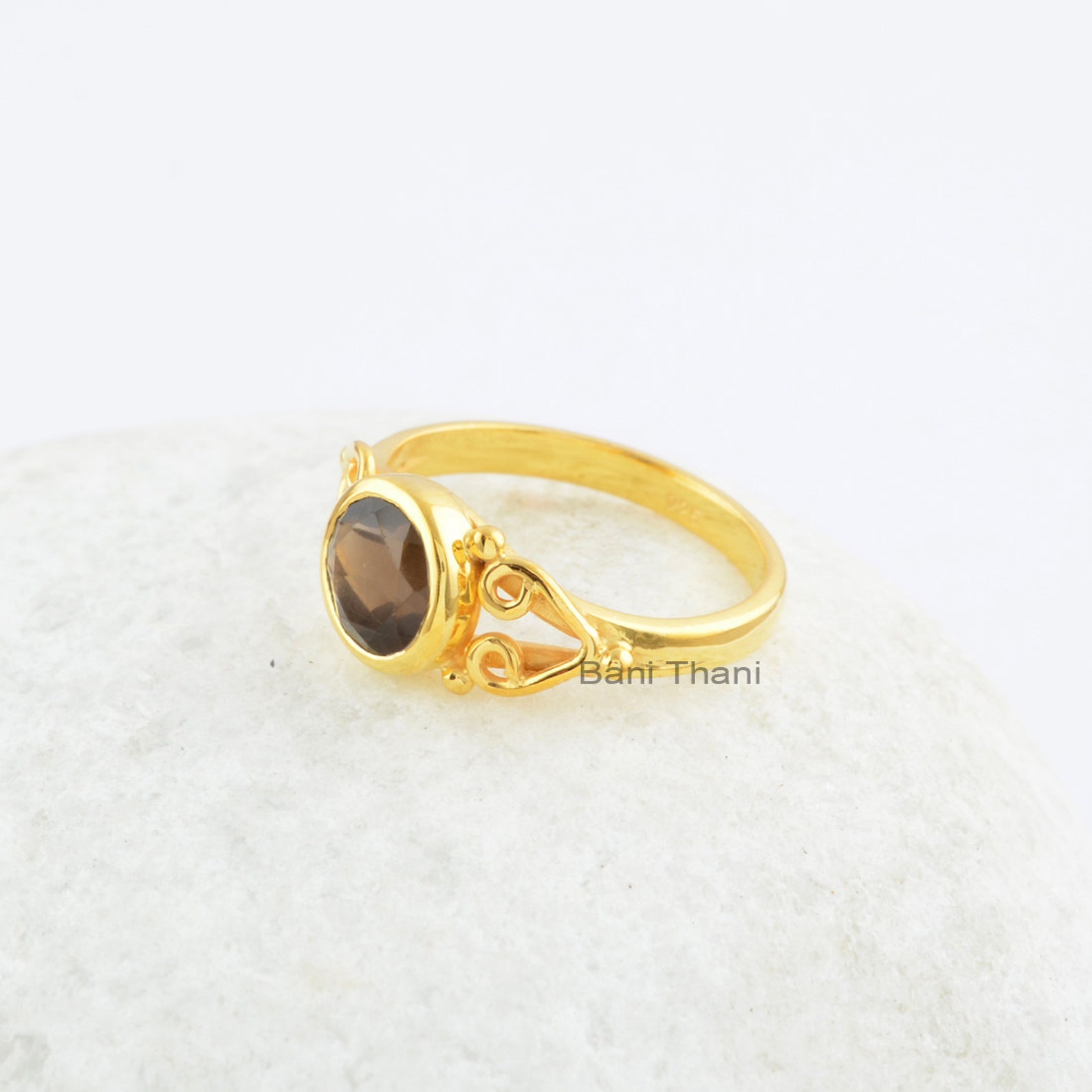 Smoky Quartz Ring-round Stone Ring-faceted Ring-gold Plated - Etsy