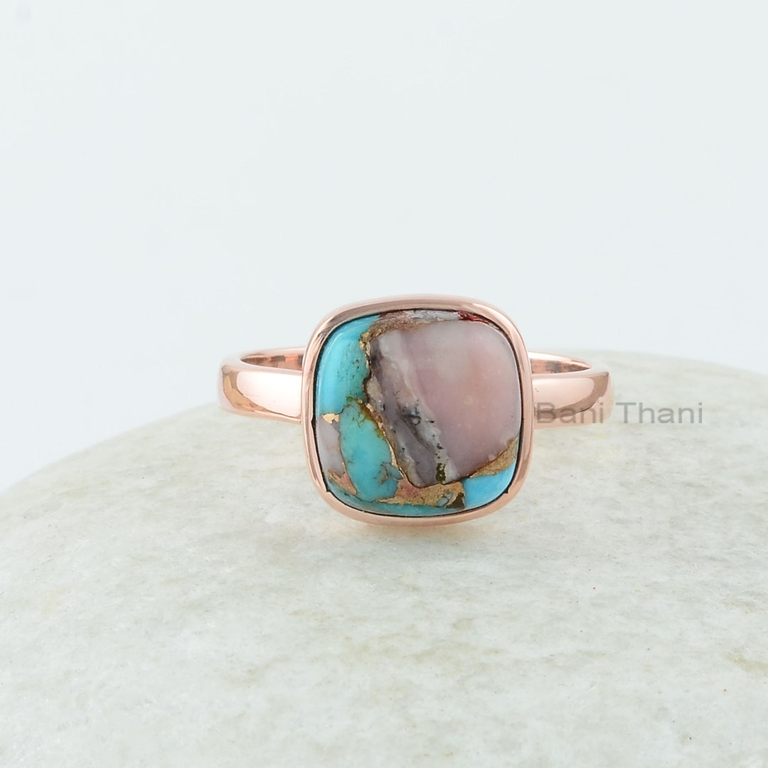 Turquoise Ring - 925 Silver - Pink Opal Copper Turquoise - Cushion Ring ...