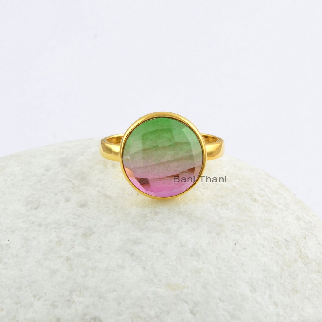 Tourmaline Bi Doublet-round 12x12 Mm Bezel Ring-gold Plated Sterling ...