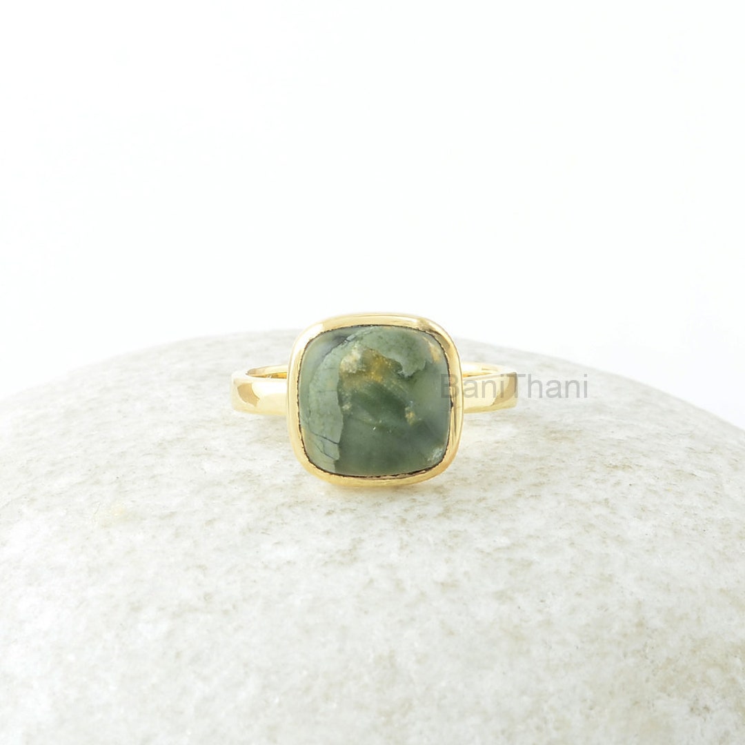 Rhyolite Ring, Green Rhyolite 10mm Cushion Gemstone Ring, Gemstone ...