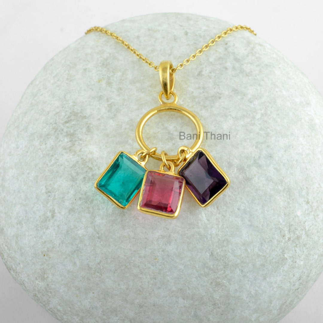 Three Stone Necklace - Gold Plated Pendant Pendant Necklace - Solid ...
