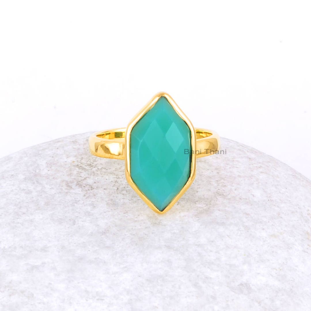 Chrysoprase Chalcedony Ring-9x16mm Hexagon Diamond Sterling Silver Ring ...
