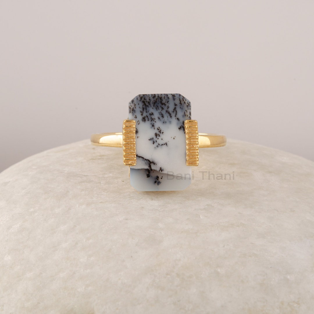 Dendritic Agate Gemstone Ring, 9x14mm Rectangle Gemstone Ring, Solid ...