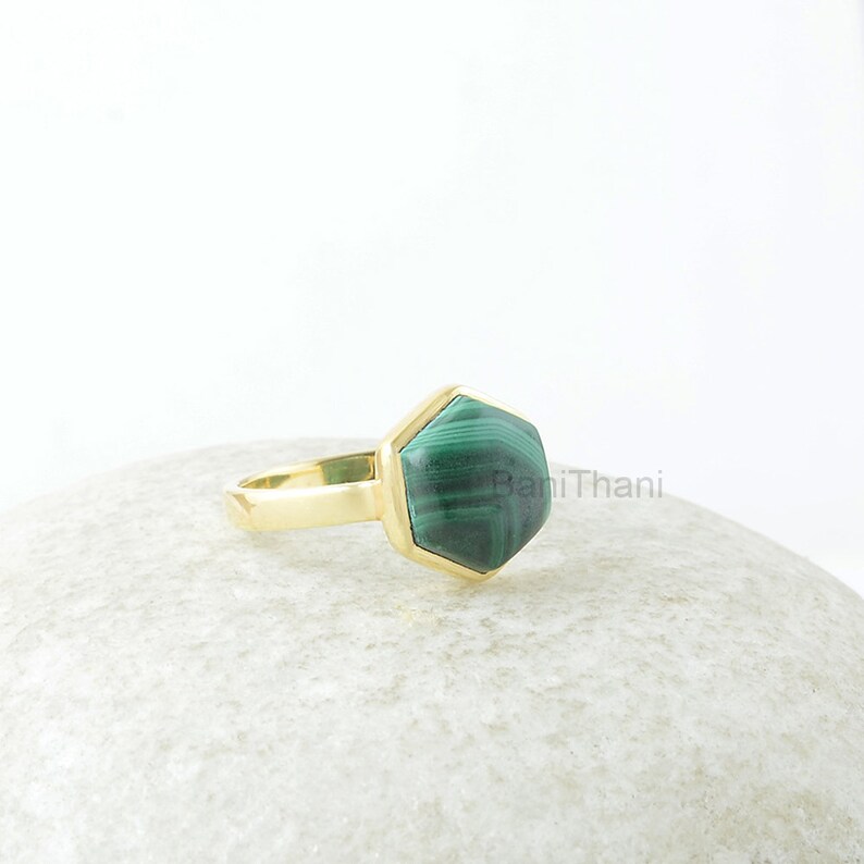 Malachite Ring - 10mm Hexagon Gemstone Ring - 18k Gold Plated Ring ...
