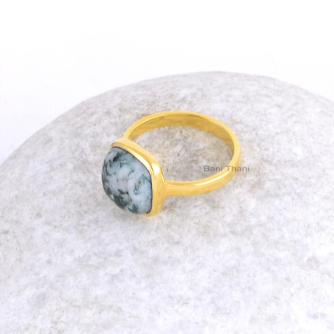 Tree Agate Silver Ring - Gold Plated Gemstone Ring - 925 Sterling ...