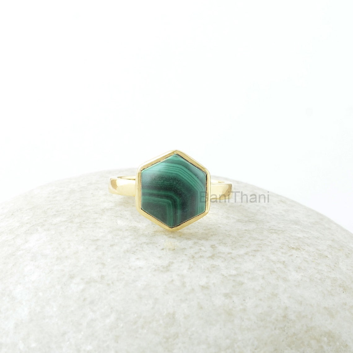 Malachite Ring - 10mm Hexagon Gemstone Ring - 18k Gold Plated Ring ...