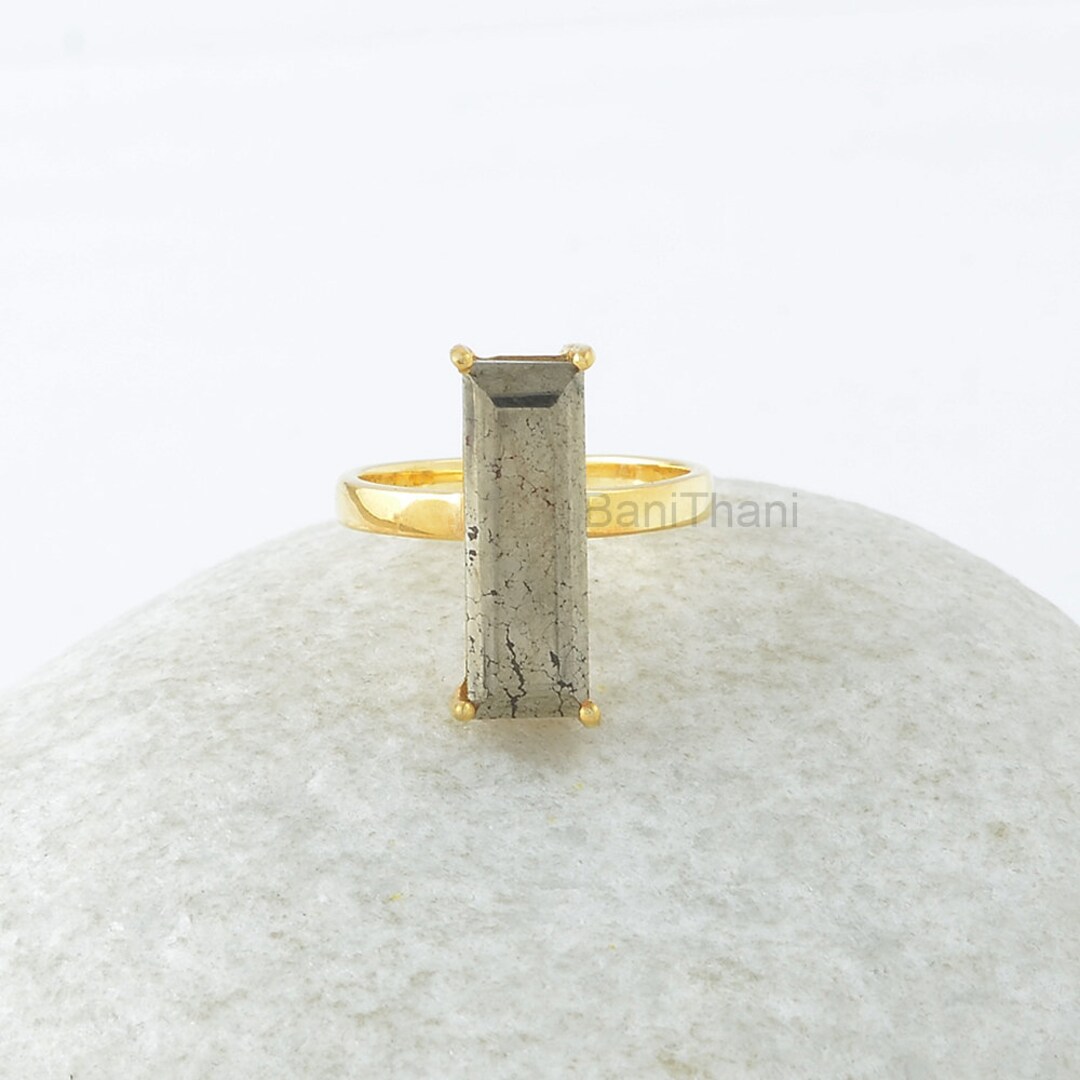 Pyrite Ring - Solid - Handmade Ring - 6x18mm Rectangle - Gold Plated ...