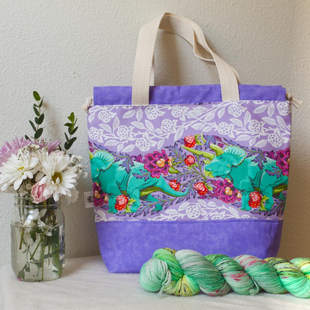 Triceratops Project Bag, Tula Pink Dinosaur Fabric Drawstring Knitting ...
