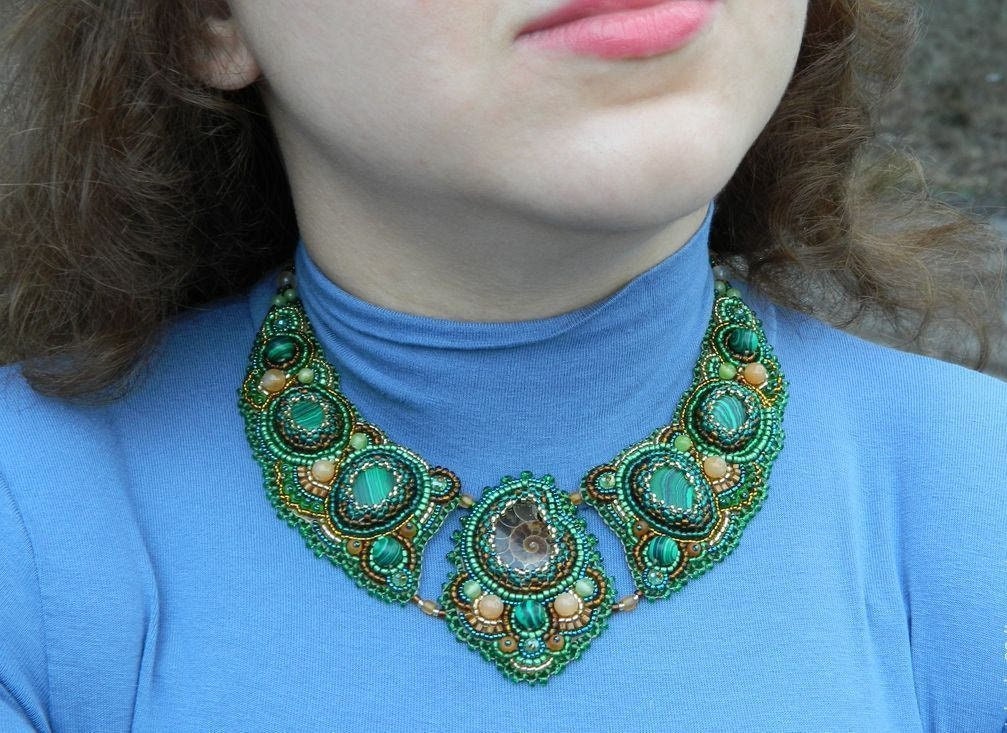 Ammonite Necklace Malachite Chunky Necklaces for Women Bead Embroidered ...