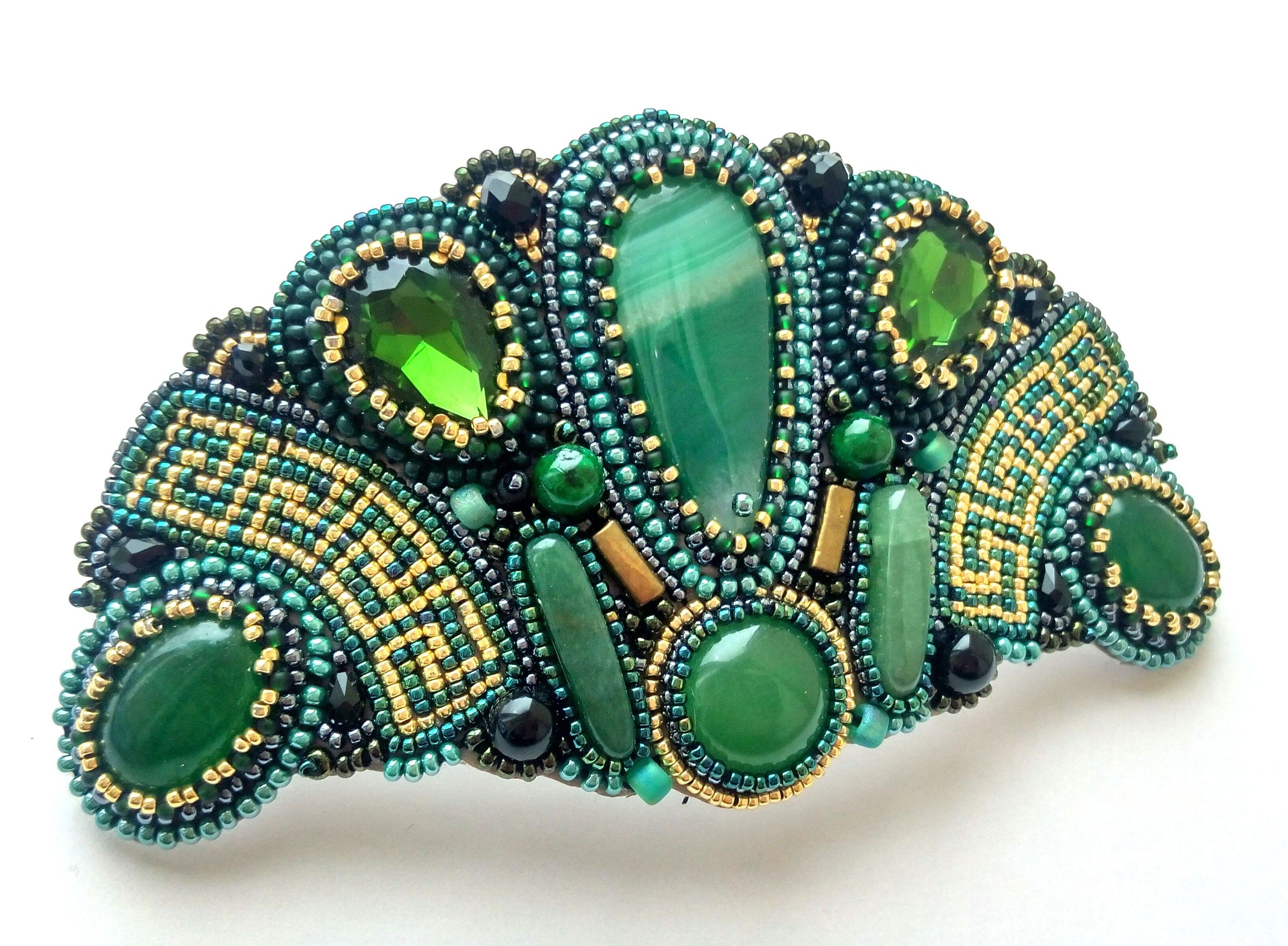 Green hair clip Barrette for women Beaded hair clip Gemstone | Etsy