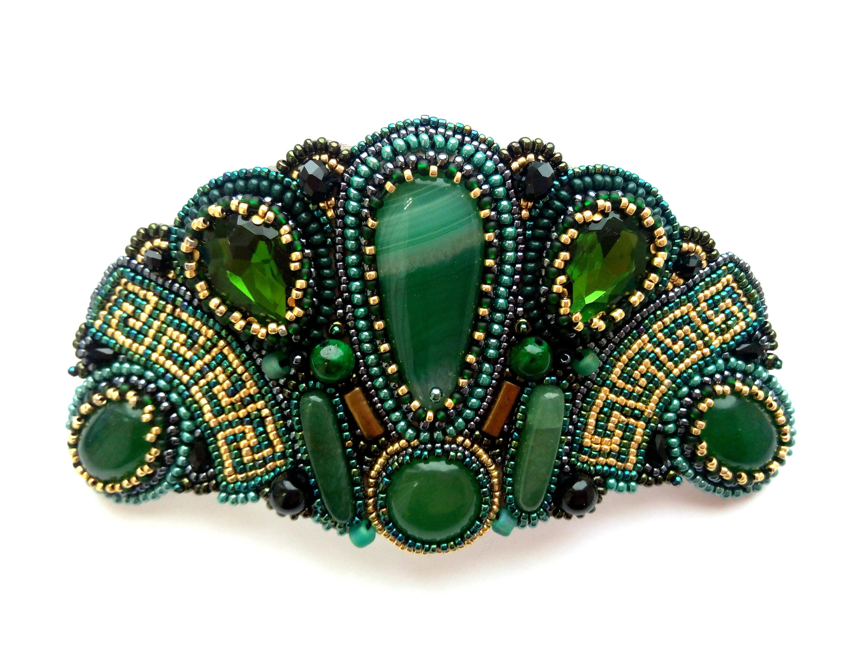 Green hair clip Barrette for women Beaded hair clip Gemstone | Etsy
