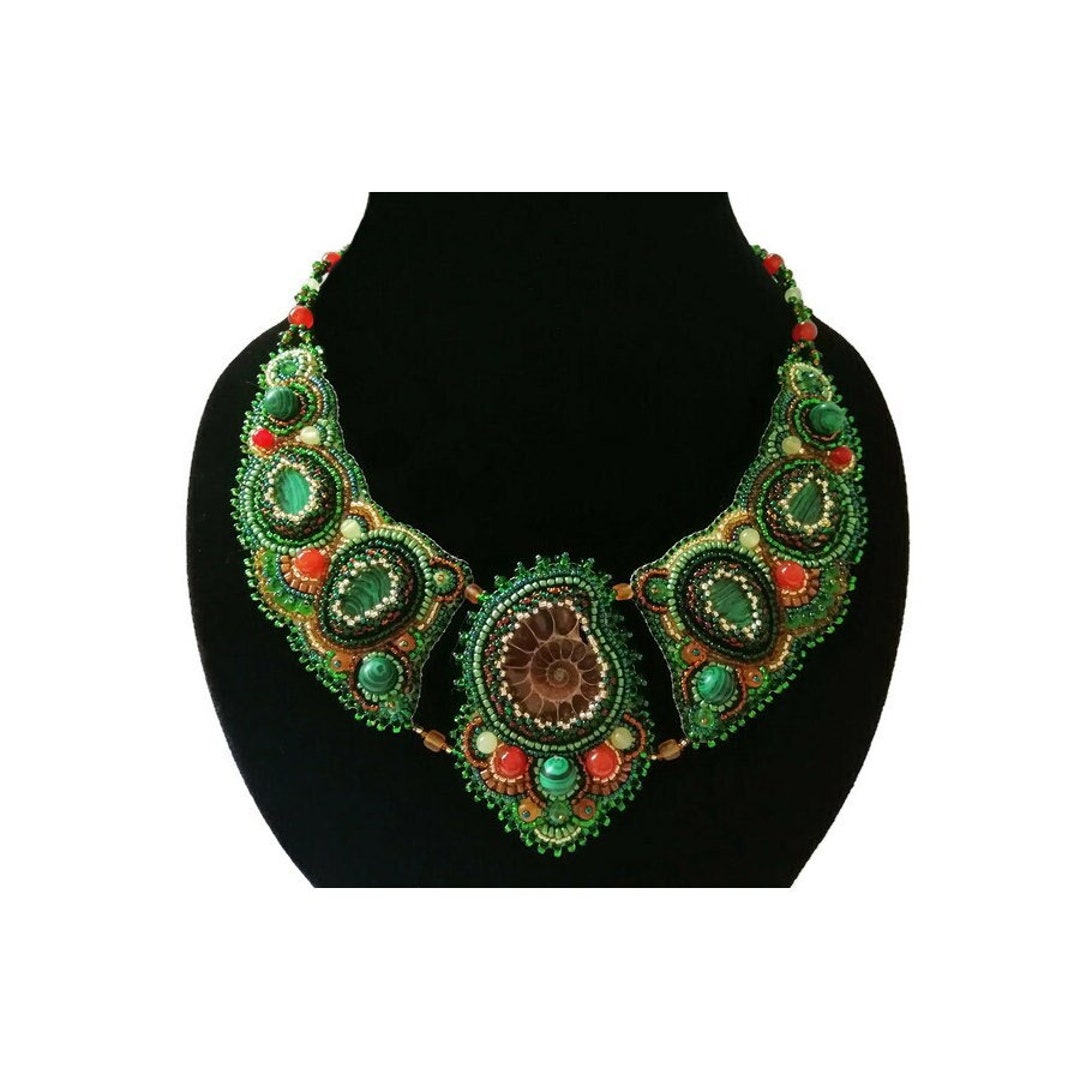 Ammonite Necklace Malachite Chunky Necklaces for Women Bead Embroidered ...