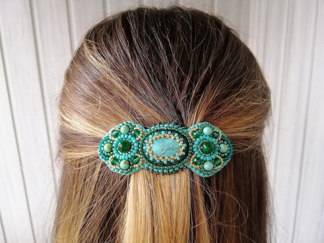 Small Turquoise Hair Clip Emerald Green Beaded Barrette Bead Embroidery ...