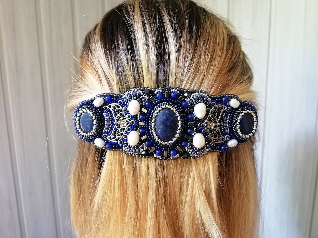 Cobalt Blue Hair Clip Wedding Large Beaded Barrette Handmade Bead ...