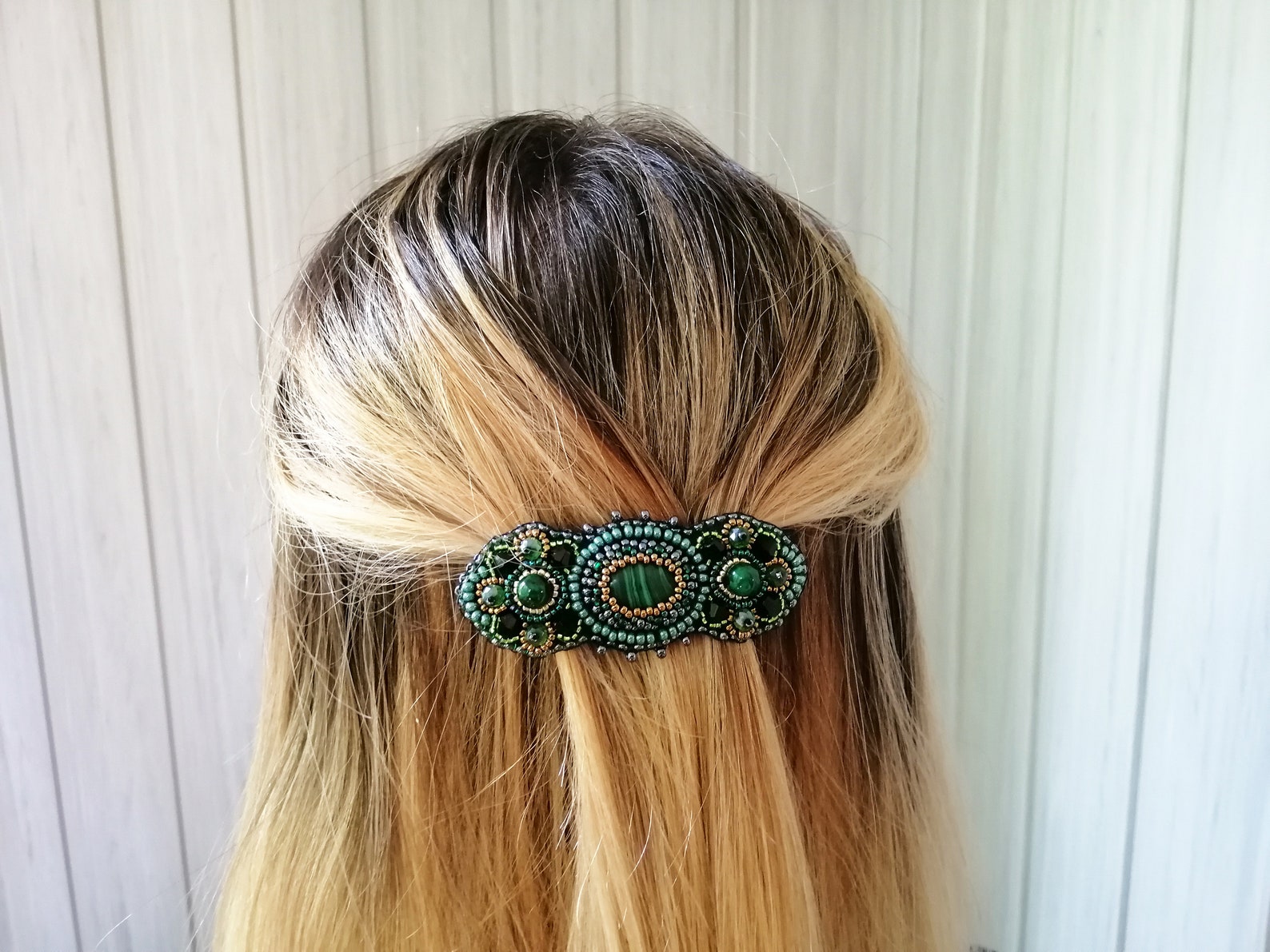 Small Beaded Barrette for Women Green Hair Clip Wedding Bead Embroidery ...