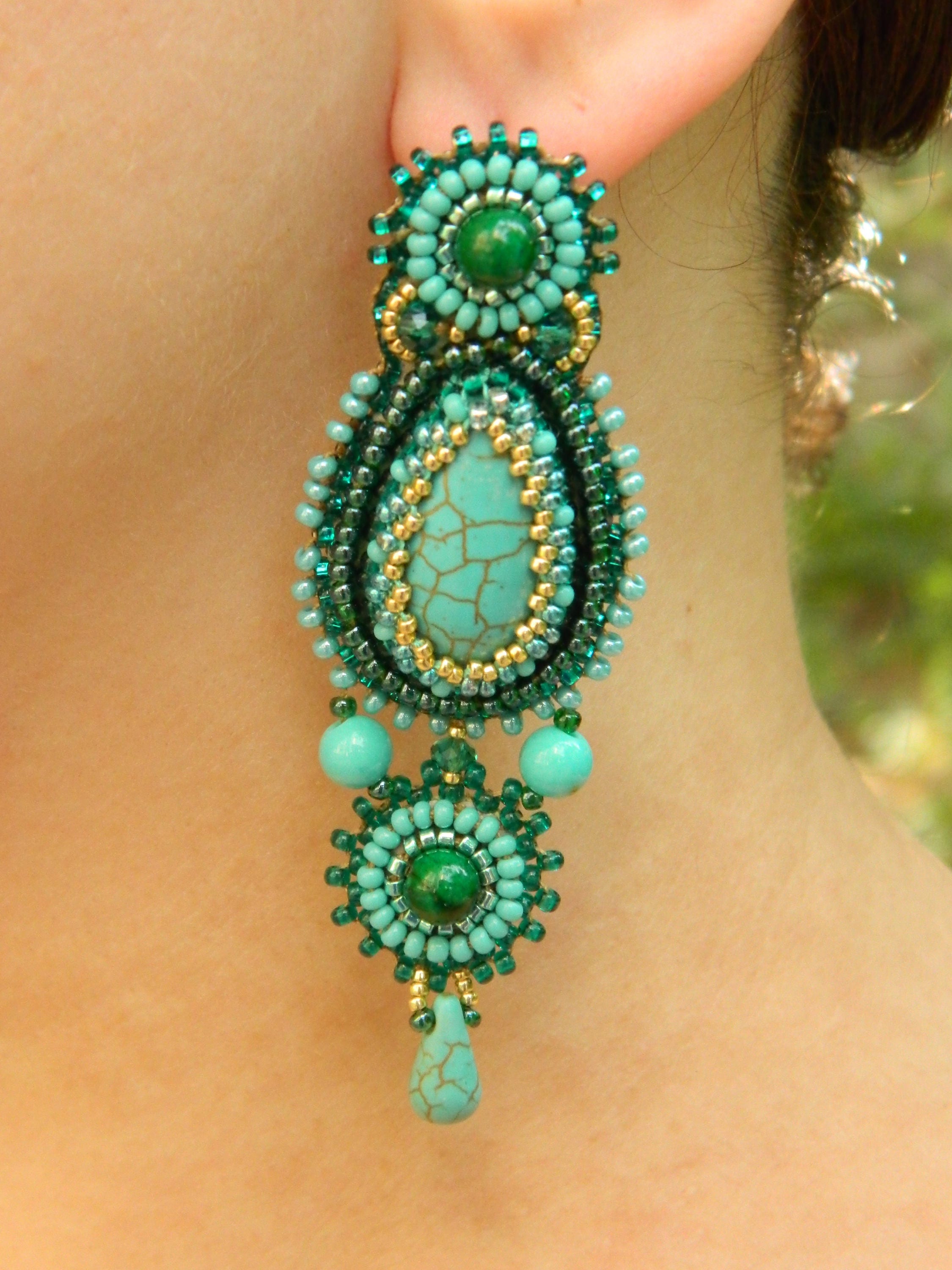 Large Turquoise and Green Earrings Dangle Emerald Green | Etsy