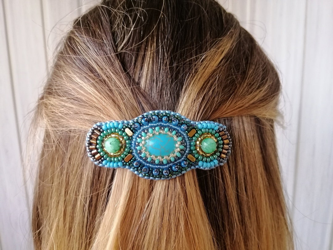 Small Turquoise Barrette Teal Beaded Hair Clip for Women Handmade Bead ...