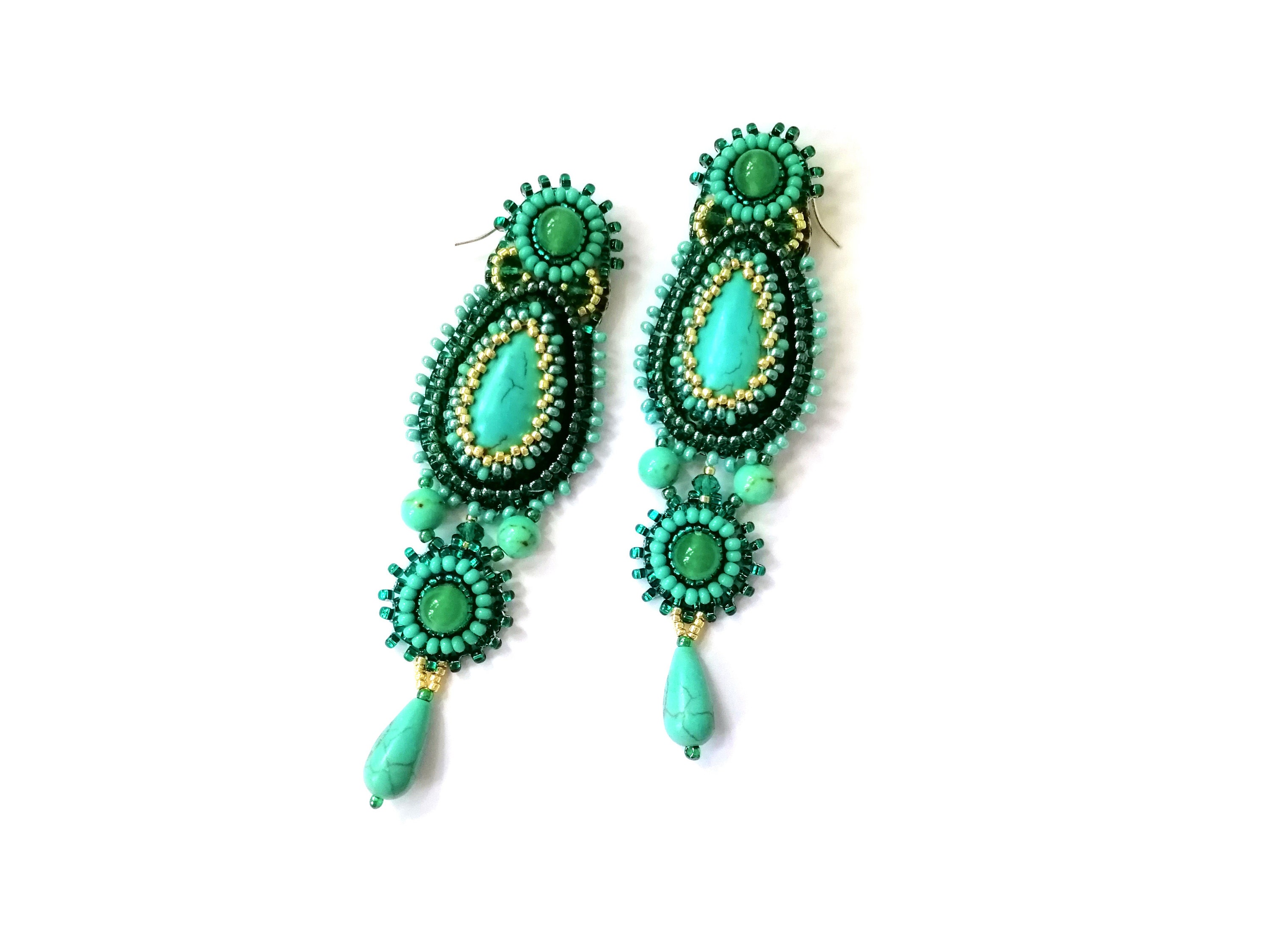 Bead embroidered jewelry set Turquoise chandelier earrings | Etsy