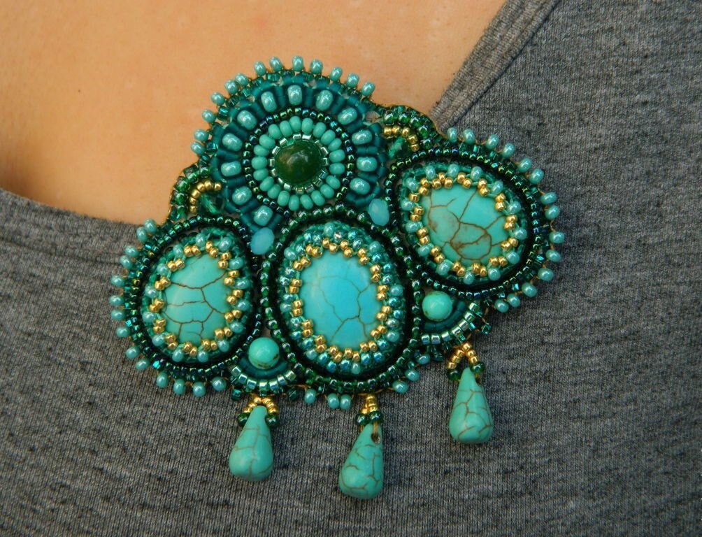 Bead embroidered jewelry set Turquoise chandelier earrings | Etsy