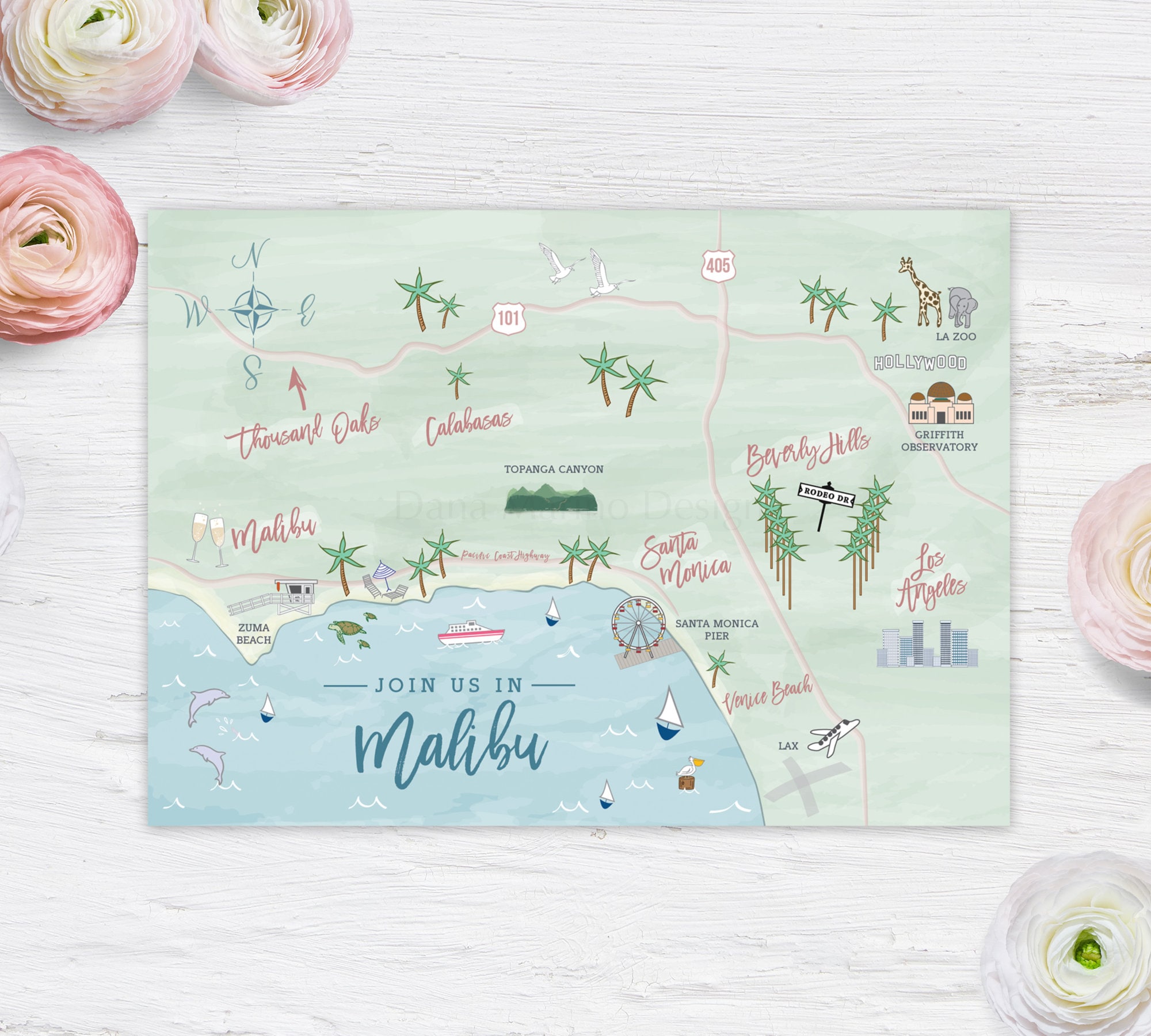 DIGITAL PRINTABLE Malibu CA Map Save the Date | Postcard | Welcome Card ...