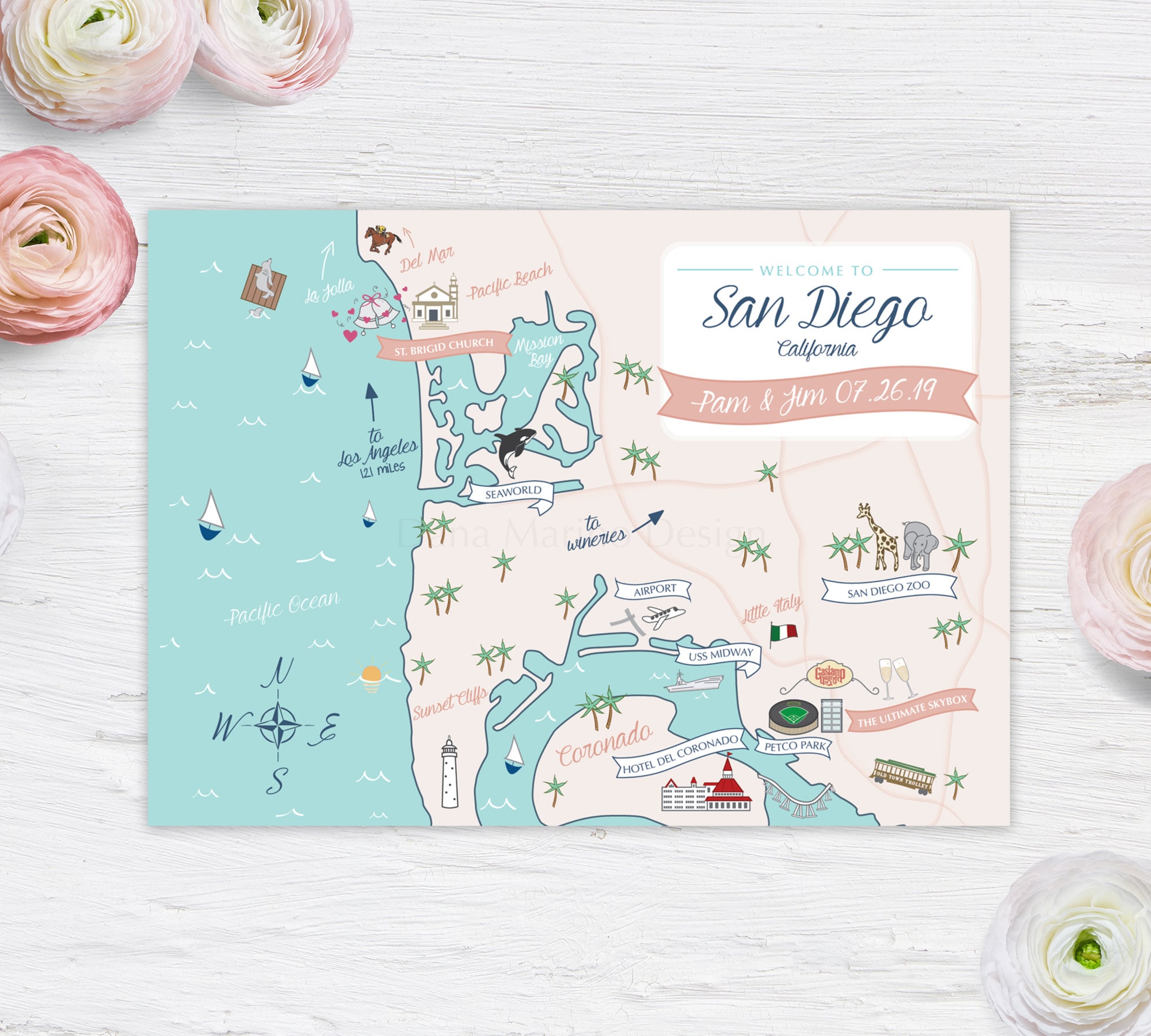 San Diego CA Map Save the Date | Postcard | Welcome Card | Customized ...