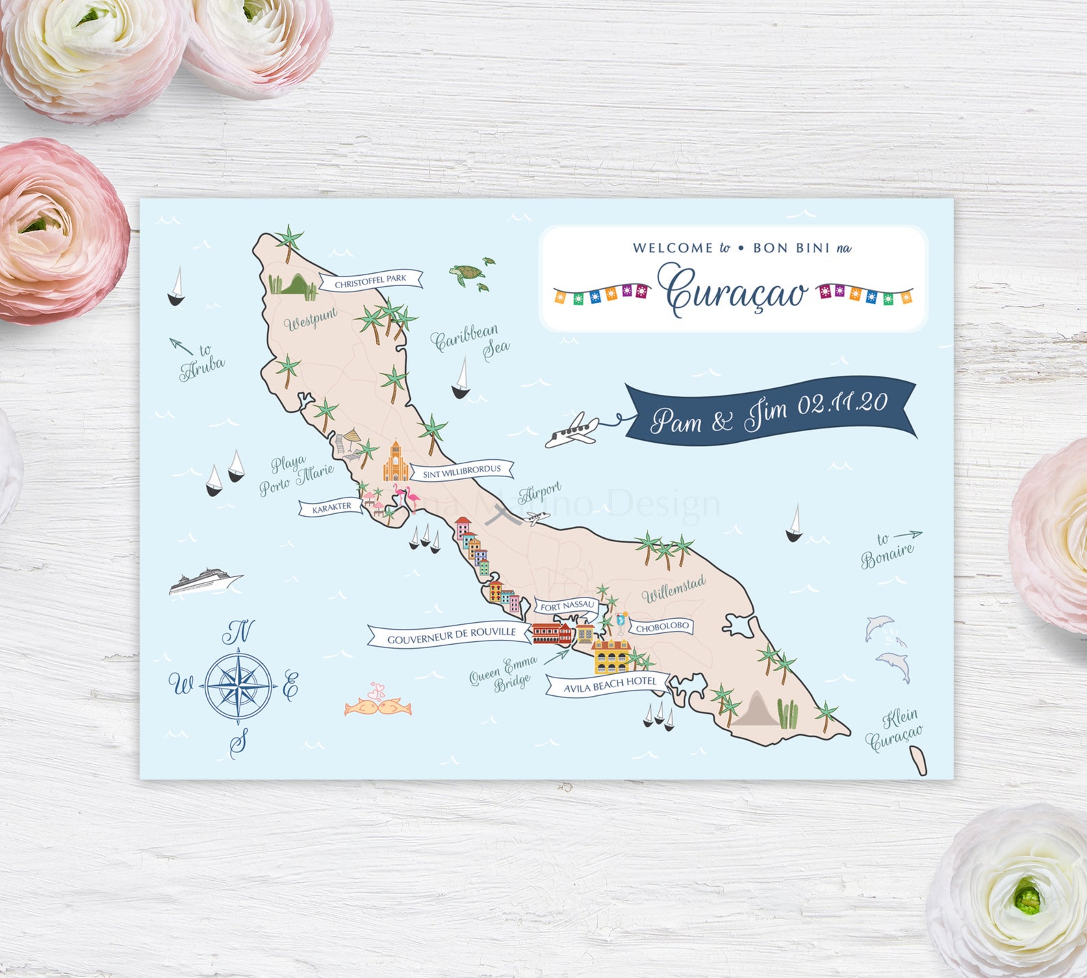 DIGITAL PRINTABLE Curacao Map Save the Date | Postcard | Welcome Card ...