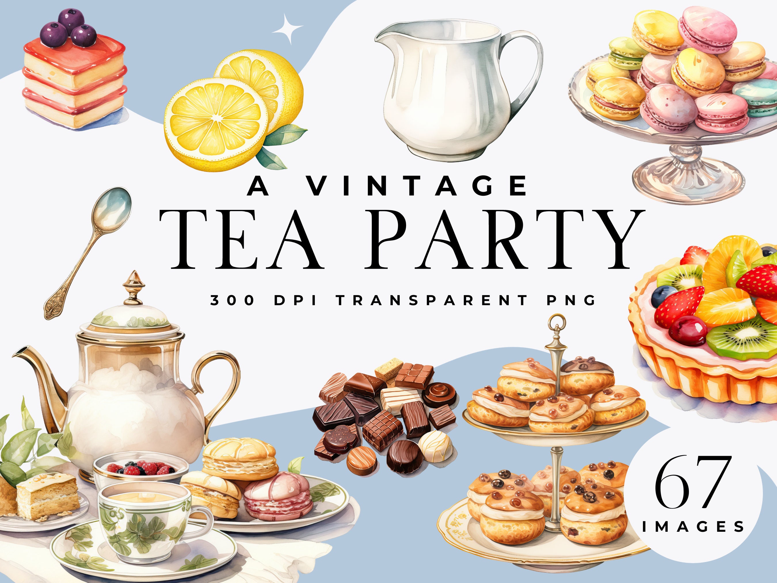Watercolor Vintage Tea Party Clipart: 67 PNG Images (digital Download ...