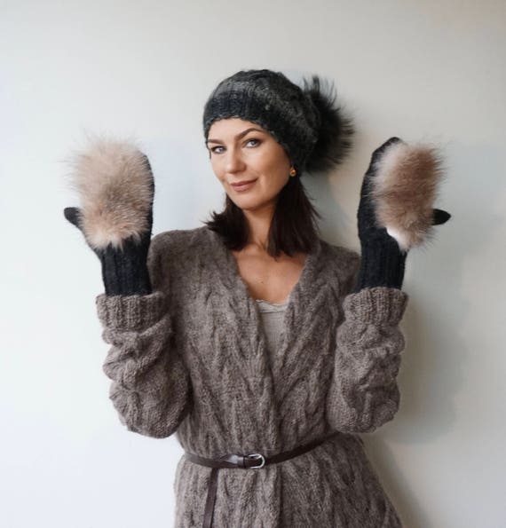 Black Alpaca Knit Mittens with Fox Fur Trim / Hand Knit Gloves | Etsy