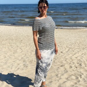 Grey Linen Crochet Top /romantic Tee/ Grey Summer Top/ Romantic Blouse ...