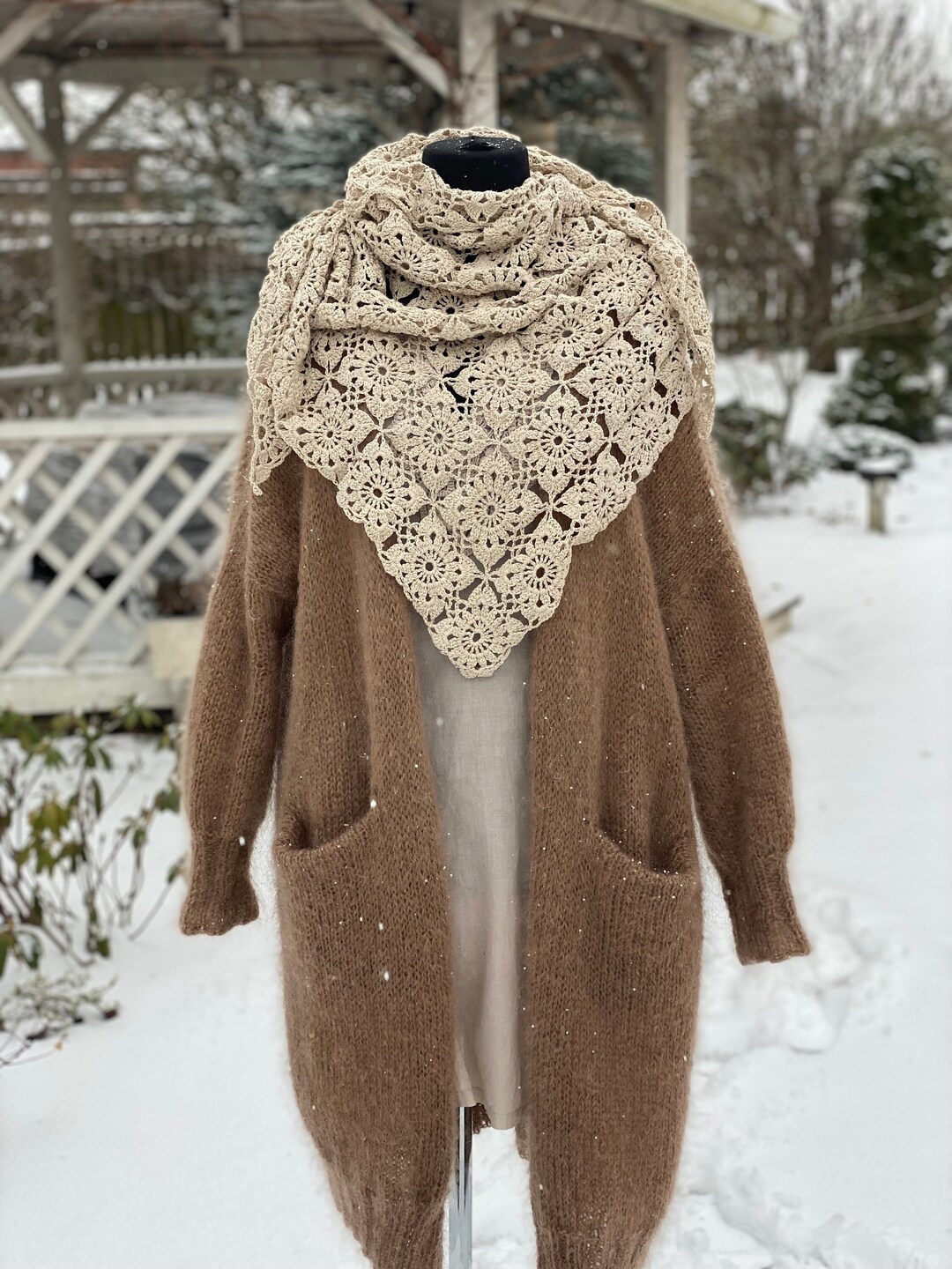 Triangle Scarf / Natural Grey Beige / Hand Crocheted / Evening Wrap ...